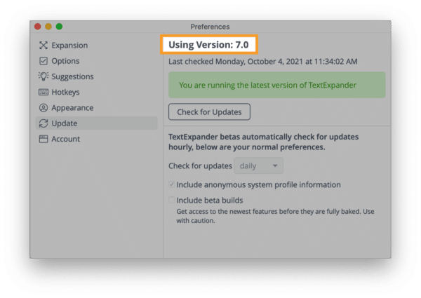 Find Your TextExpander Version Number